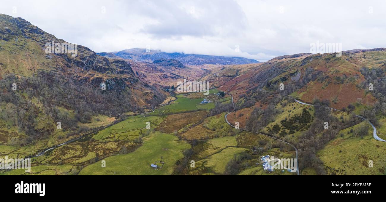 Wales Snowdonia, Panoramic Drone View. Varied landscape of steep river ...