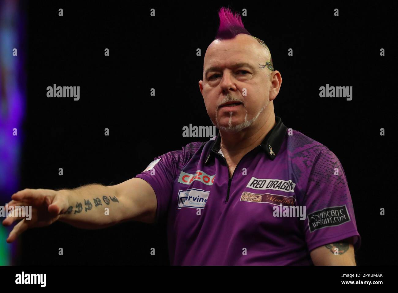 Peter Wright reacts during the 2023 Cazoo PDC Premier League Darts ...