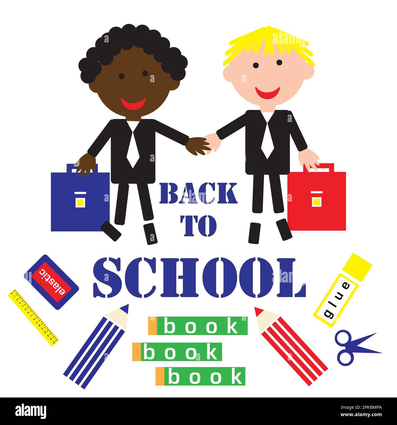 back to school, two students and school subjects on a white background ...