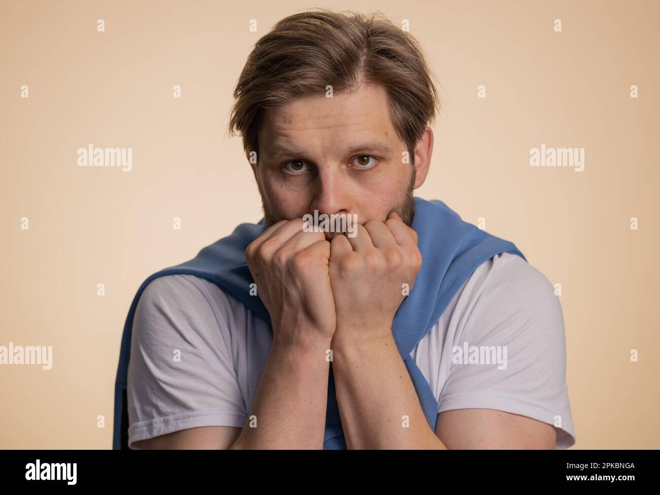 Stressed depressed caucasian man terrified about danger problems ...