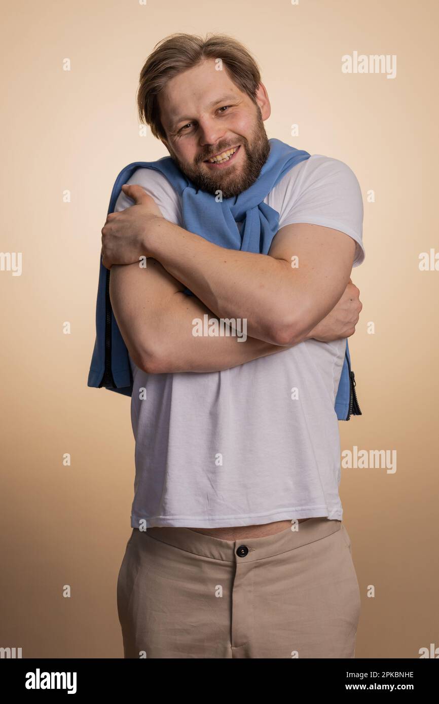 Come to me, I want to embrace you. Caucasian handsome man spread hands ...