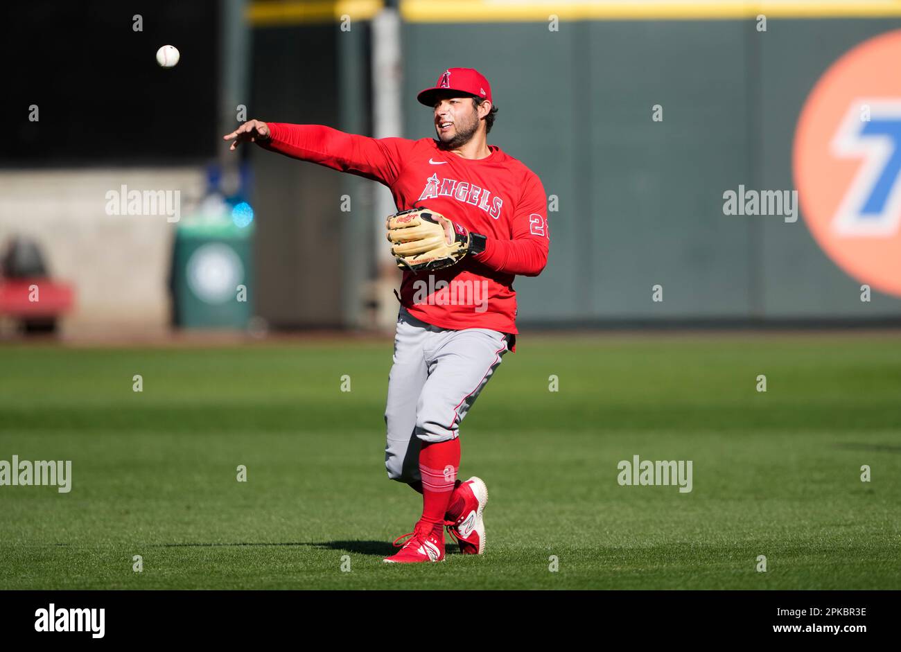 Los Angeles Angels shortstop David Fletcher throws on the field during ...