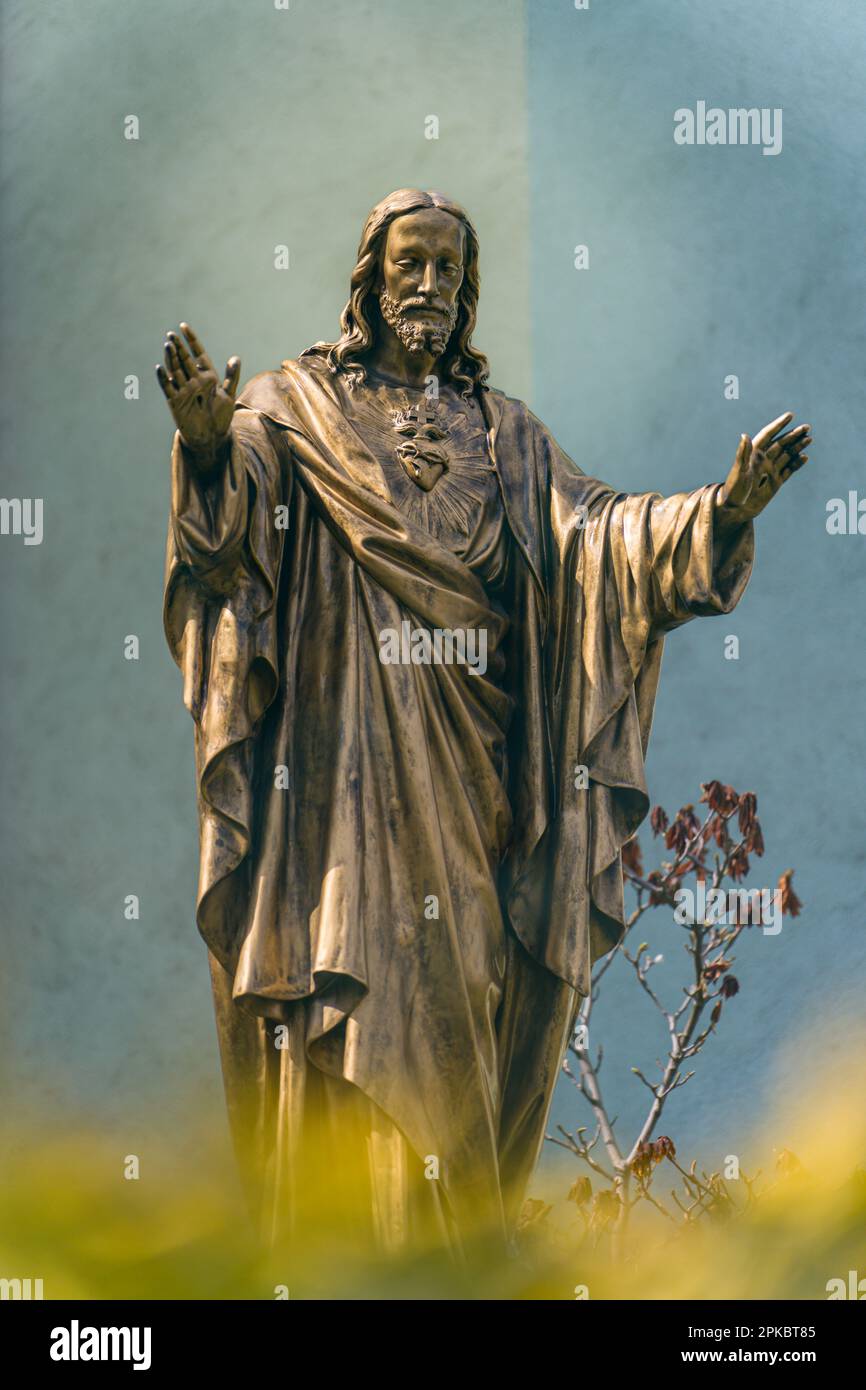 The figure of Jesus Christ, the Heart of Jesus on the corner of ...