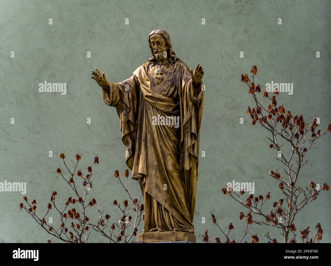 The figure of Jesus Christ, the Heart of Jesus on the corner of ...