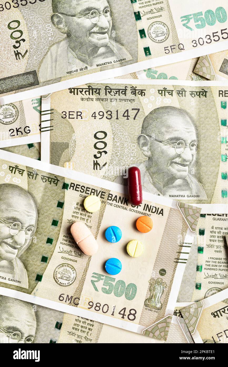 Indian money with medicine, pharmacy business india Stock Photo - Alamy