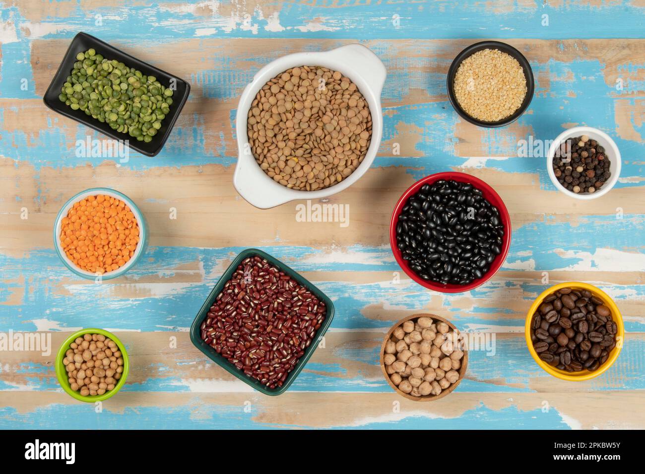 assorted bowls with raw grain and seeds viewed from above Stock Photo ...