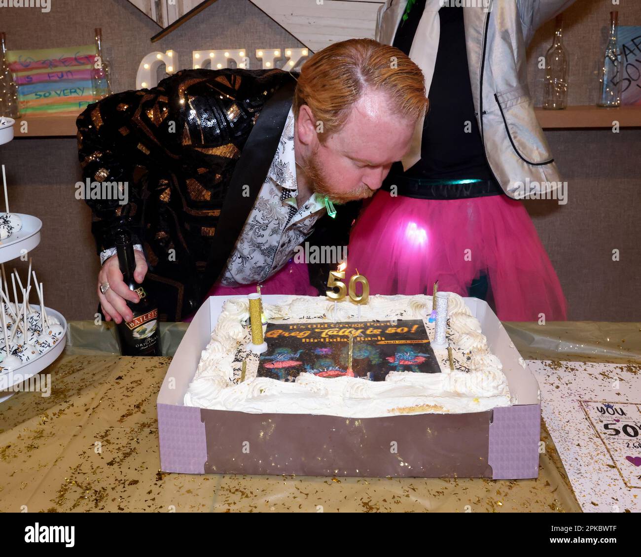 Los Angeles, California, USA. 2nd April, 2023. Greg Tally blows out the ...