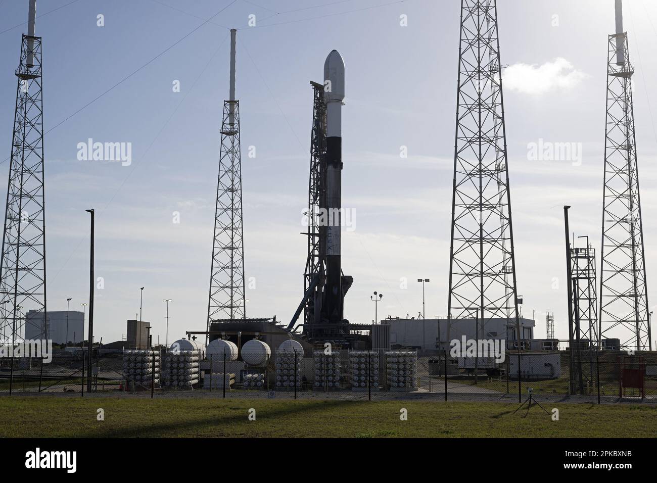 The SpaceX Falcon 9 rocket is prepared to launch from Complex 40 at the ...