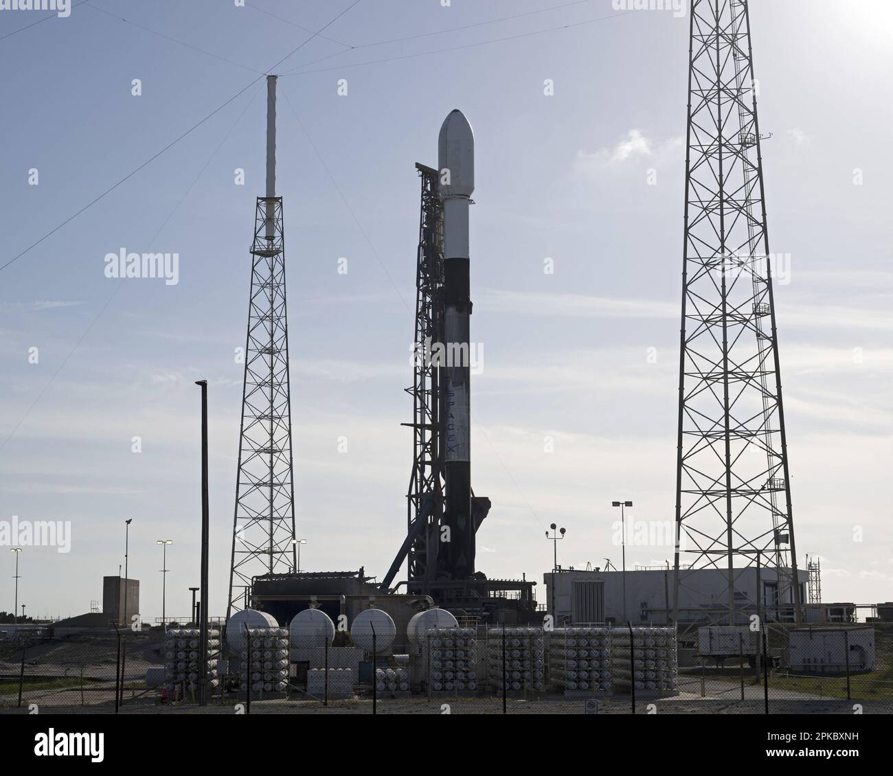 The SpaceX Falcon 9 rocket is prepared to launch from Complex 40 at the ...