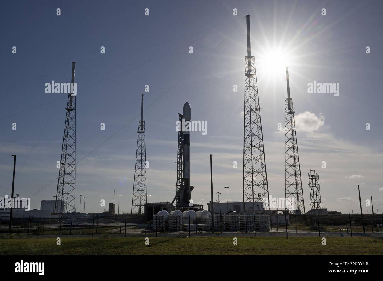 The SpaceX Falcon 9 rocket is prepared to launch from Complex 40 at the ...