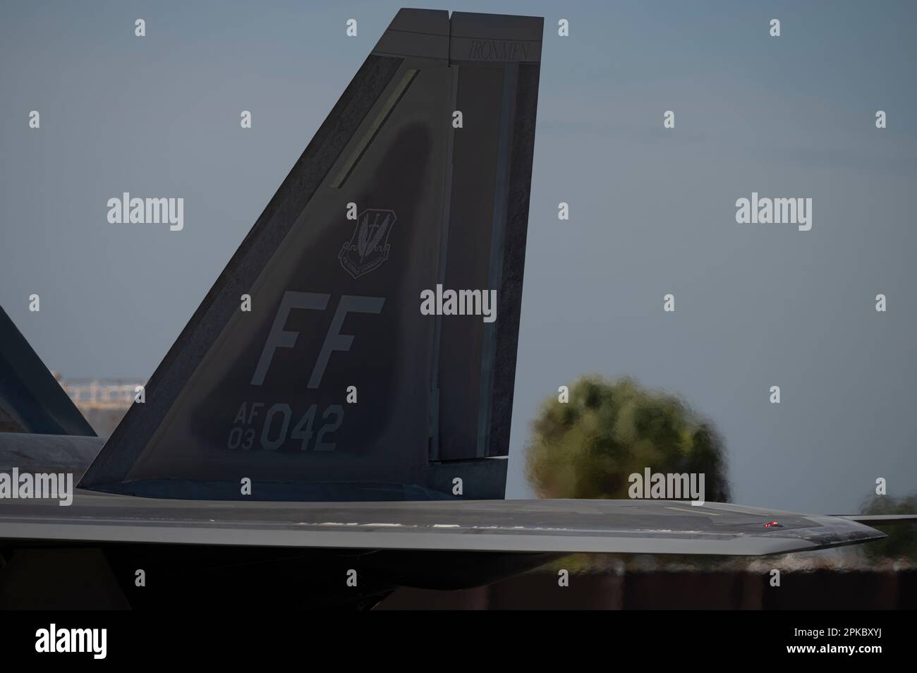 A U.S. Air Force F-22 Raptor displays the 1st Fighter Wing tail flash ...
