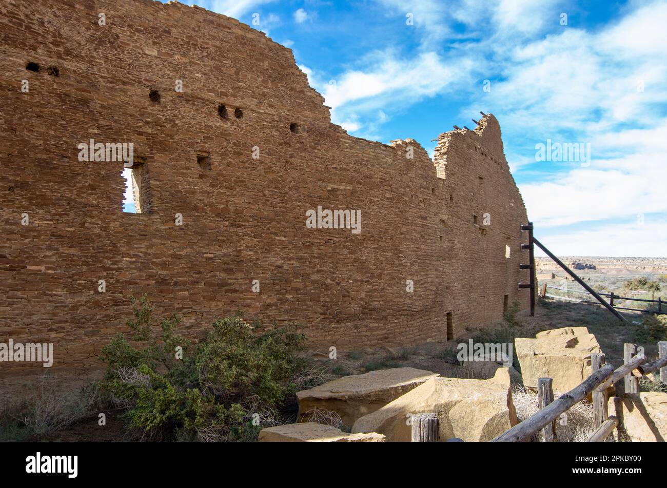 Side view of stone wall from ancient Chaco civilization still standing ...