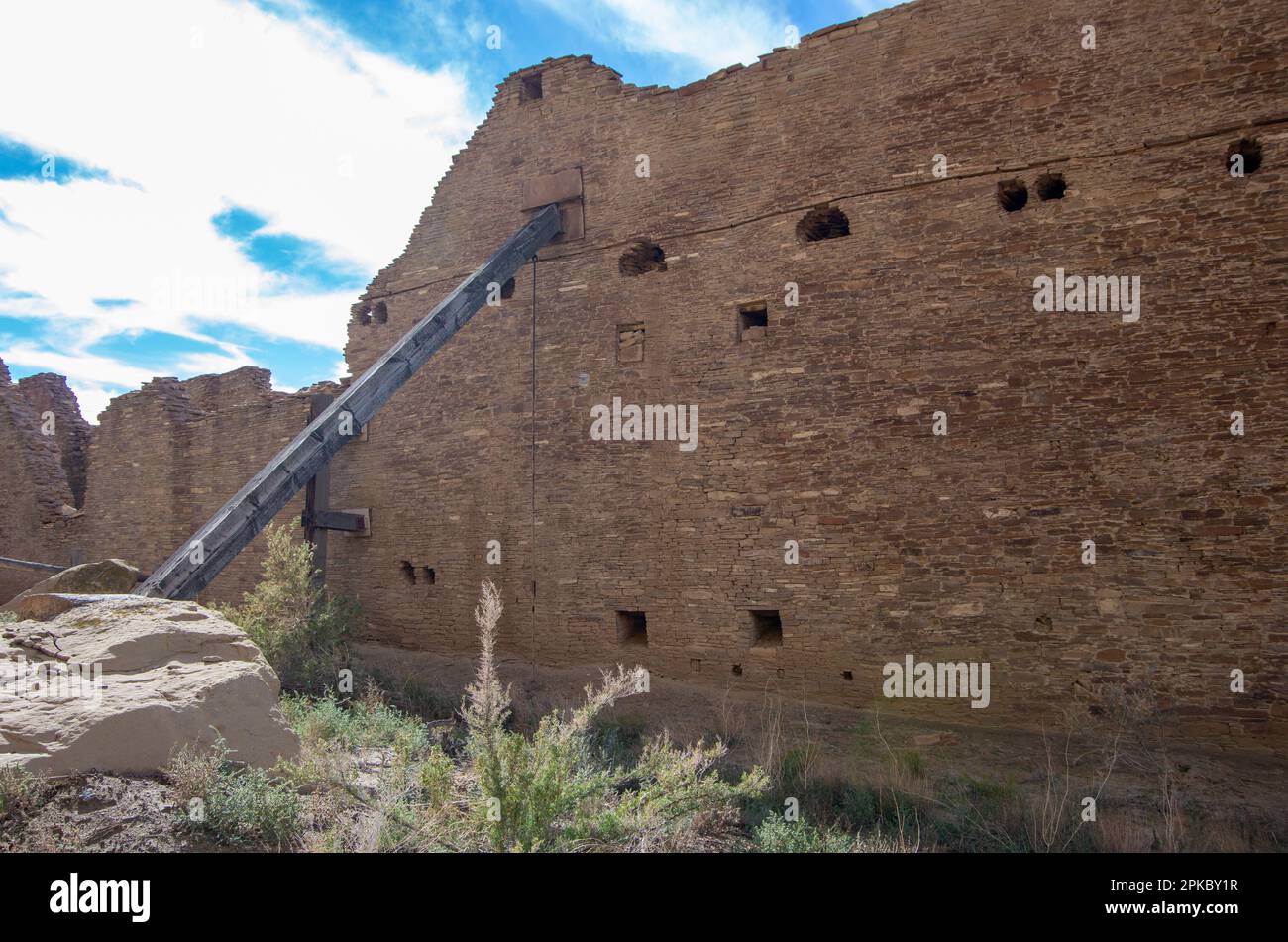 Stone wall from ancient Chaco civilization still standing with small ...