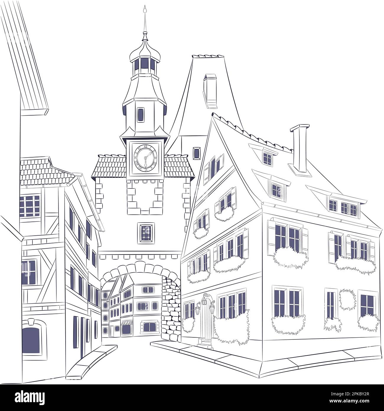 Black and white drawing of old medieval half-timbered houses and city ...