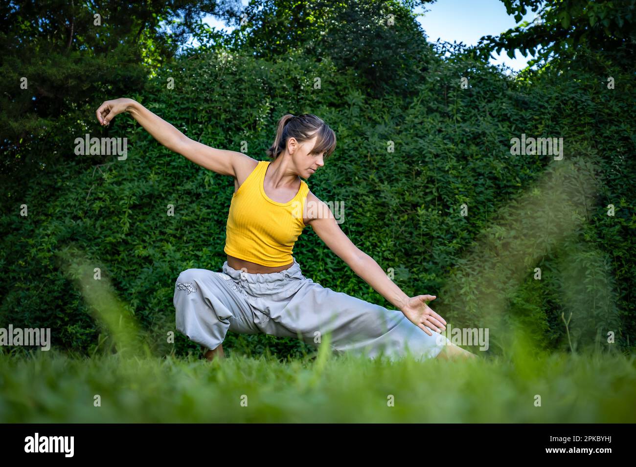 Young Woman practicing tai chi chuan in nature. Chinese management ...