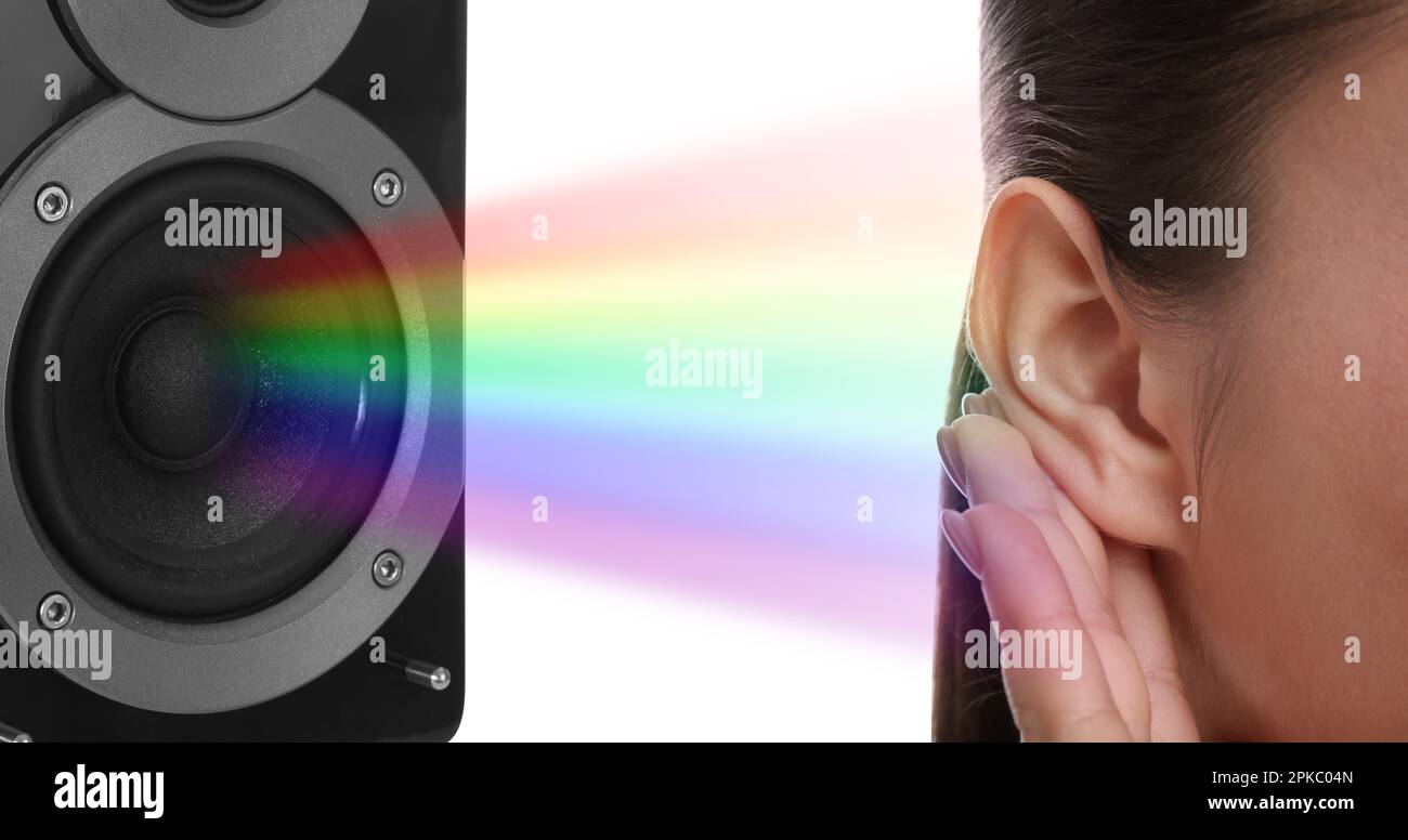 Modern audio speaker and woman listening to music on white background ...