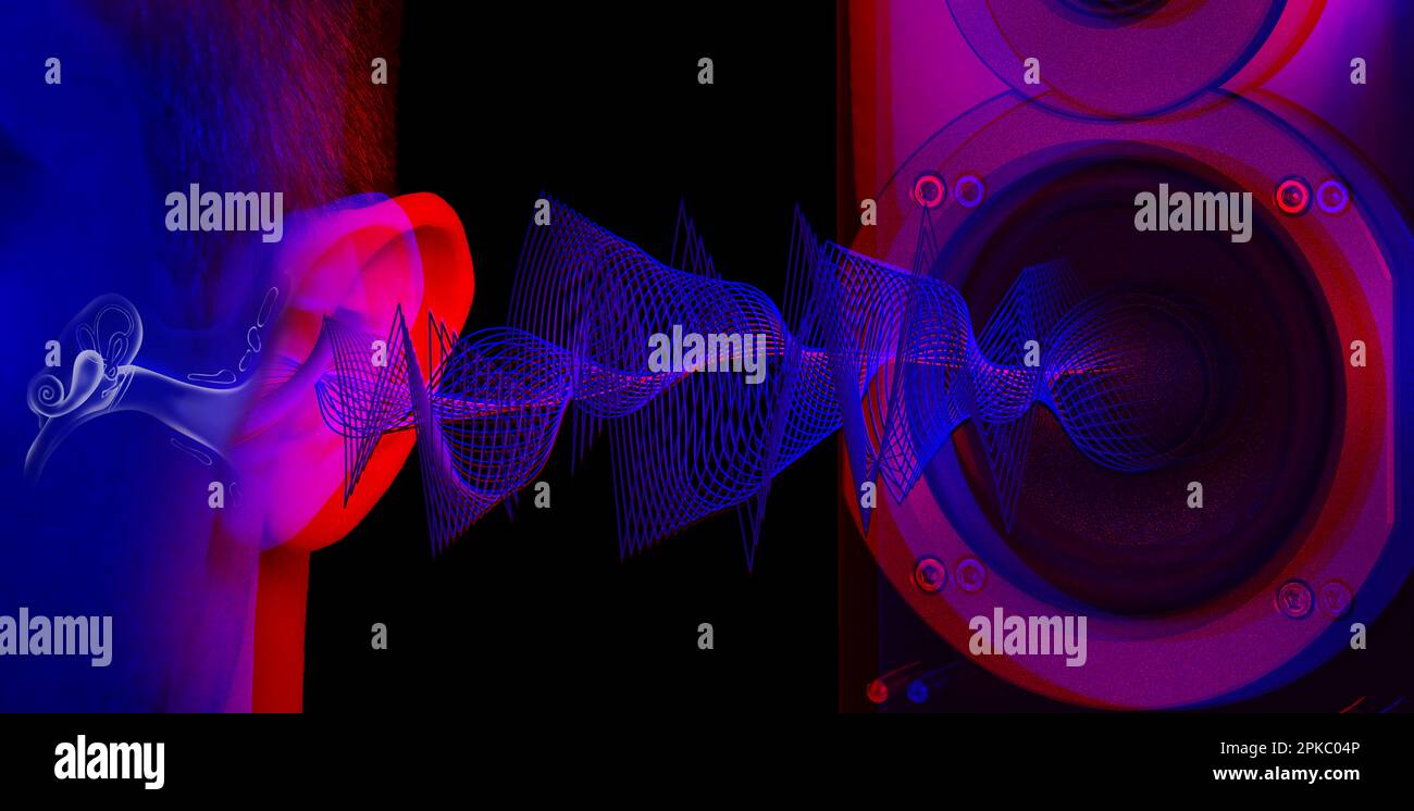 Modern audio speaker and man listening to sound, closeup view of ear ...