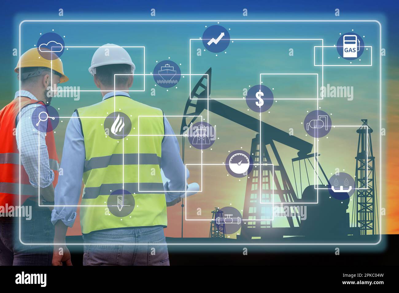 Professional engineers, illustration of different icons and gas pumps ...