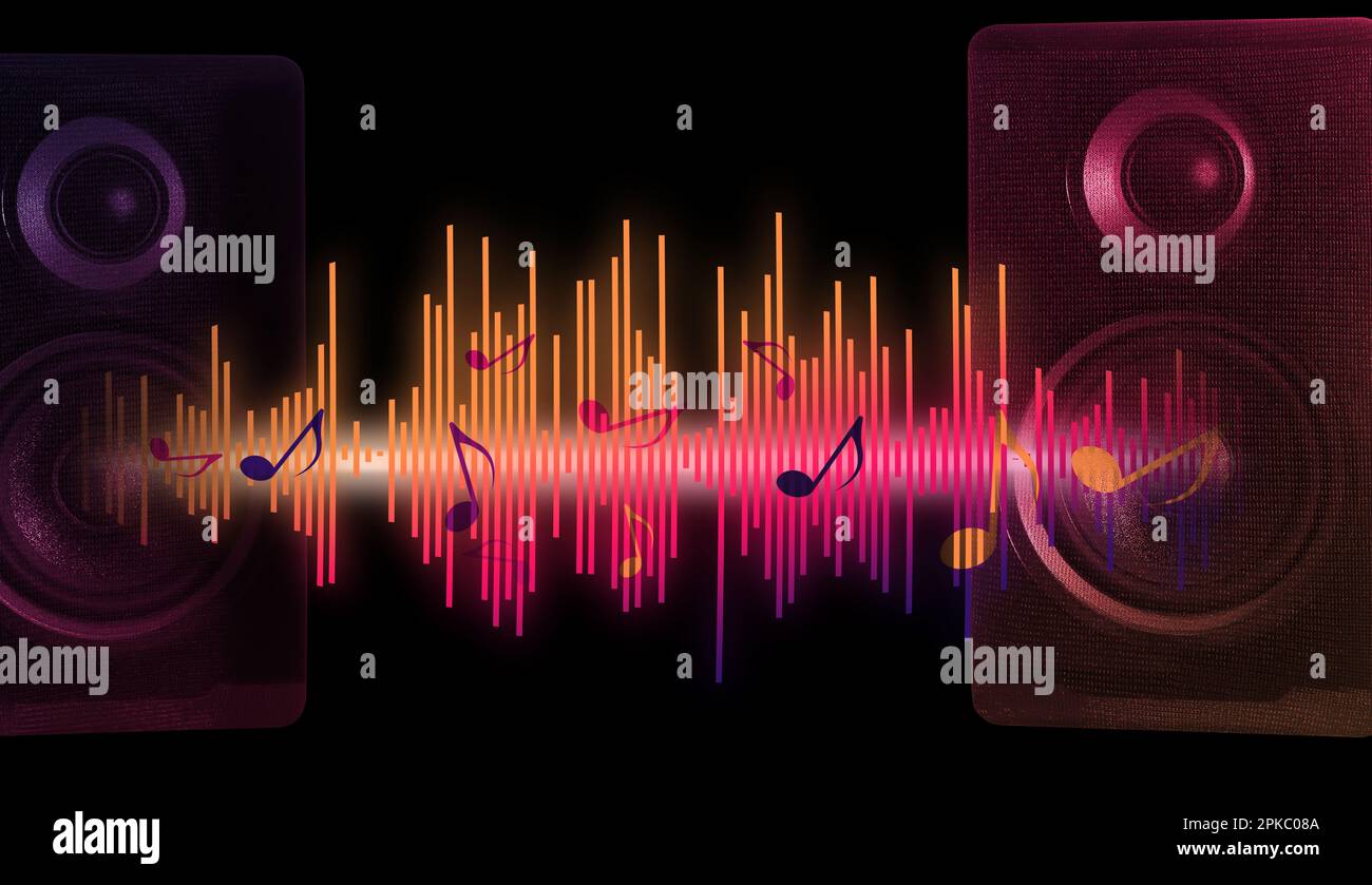 Modern powerful audio speakers and sound waves on dark background Stock ...