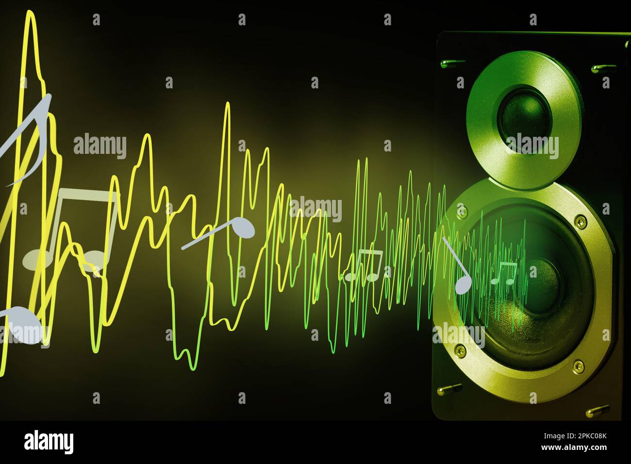 Modern powerful audio speaker and sound waves on dark background Stock ...