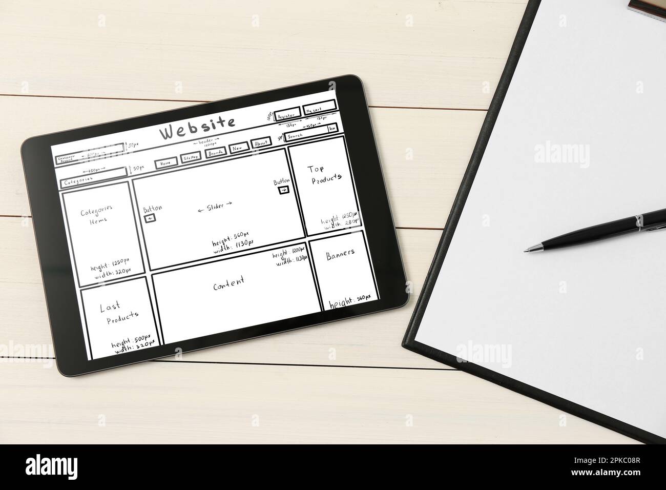 Clipboard and tablet with sketch of website planning and design on ...