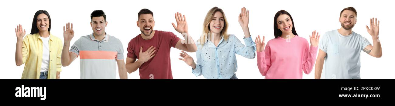 Collage with photos of cheerful people showing hello gesture on white ...