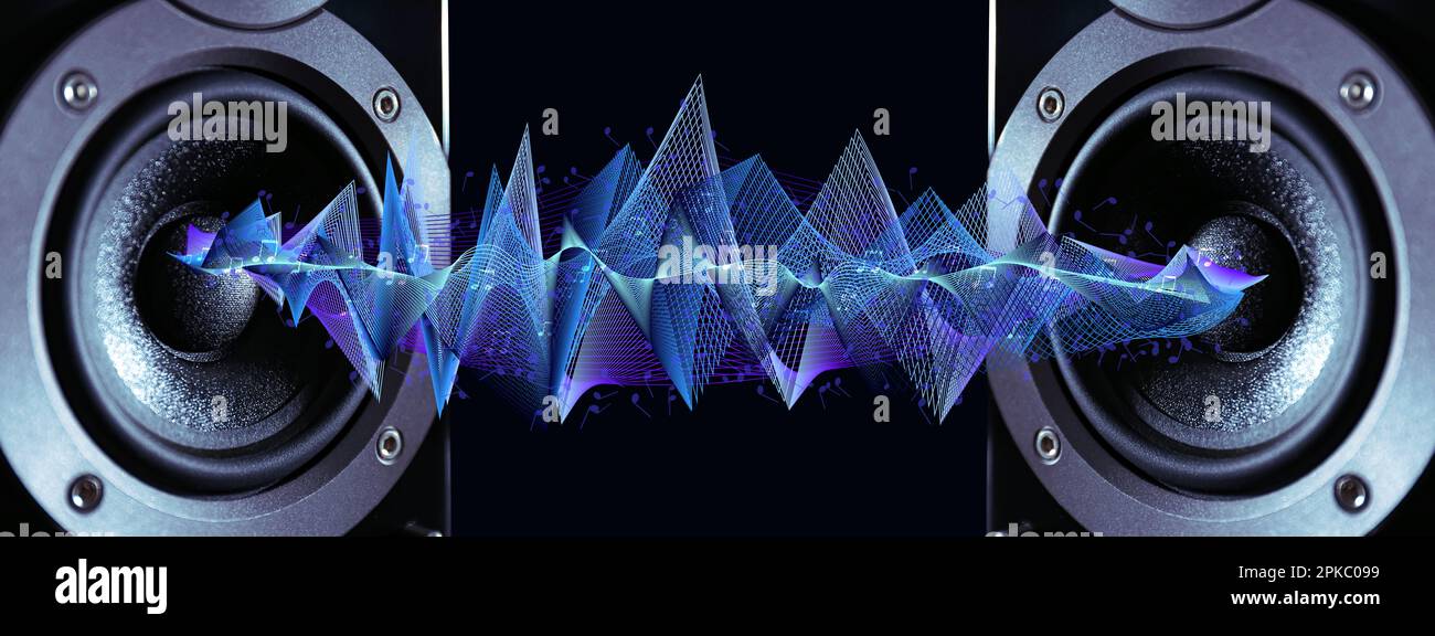 Modern powerful audio speakers and sound waves on dark background ...