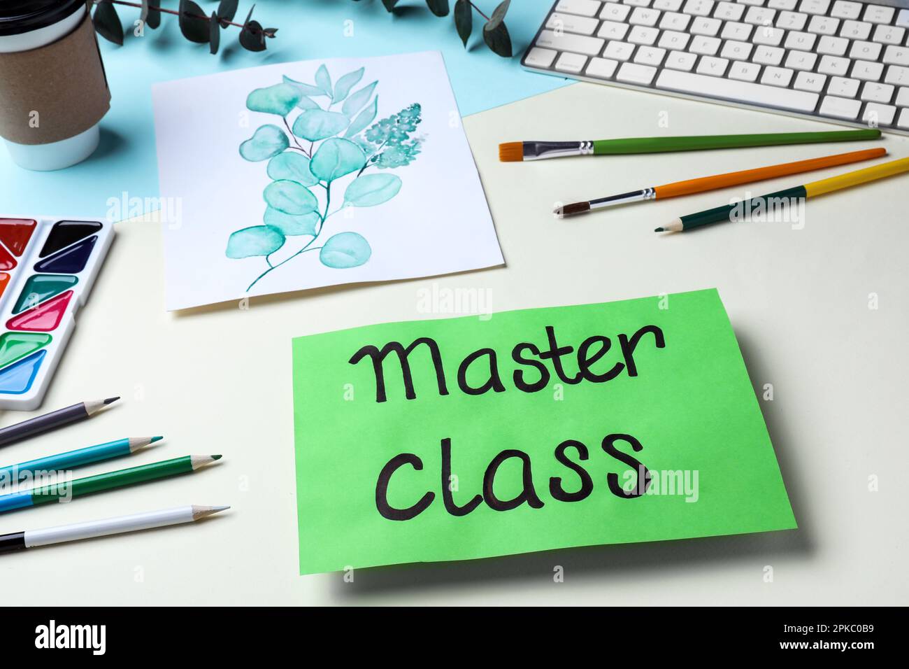 Master class in painting. Drawing of plants, supplies and computer ...