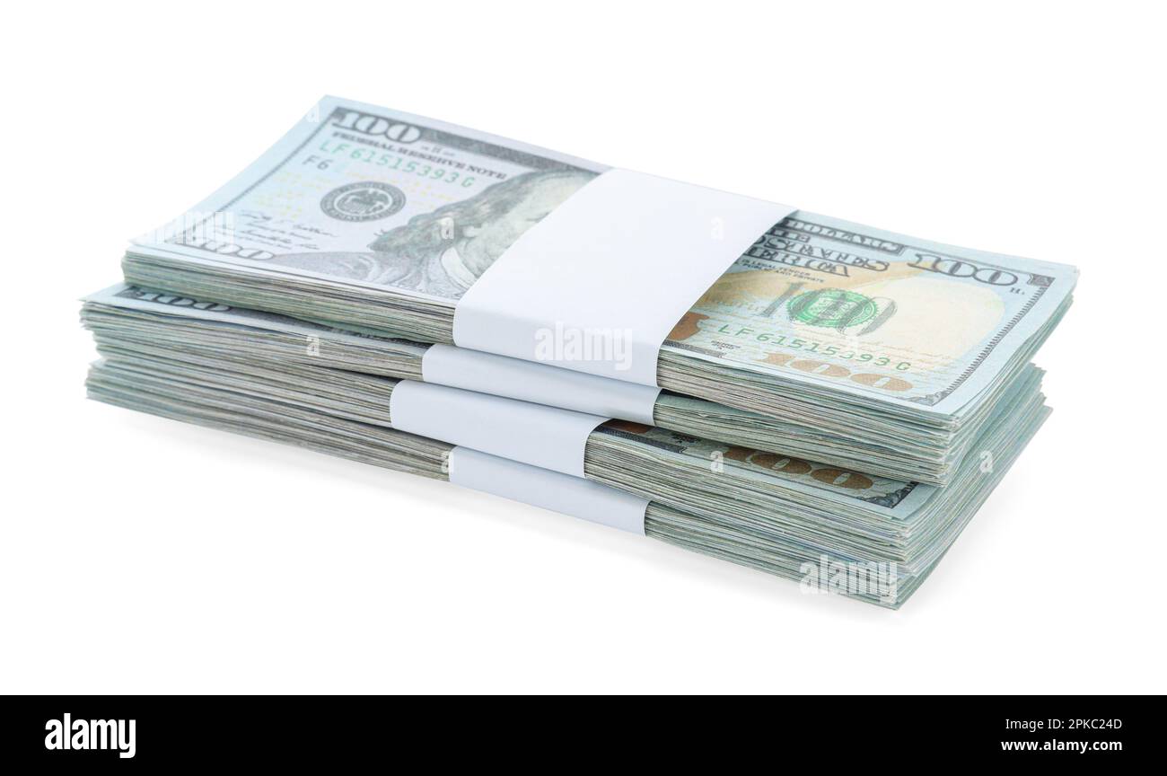 Bundles of dollar banknotes isolated on white. American national ...