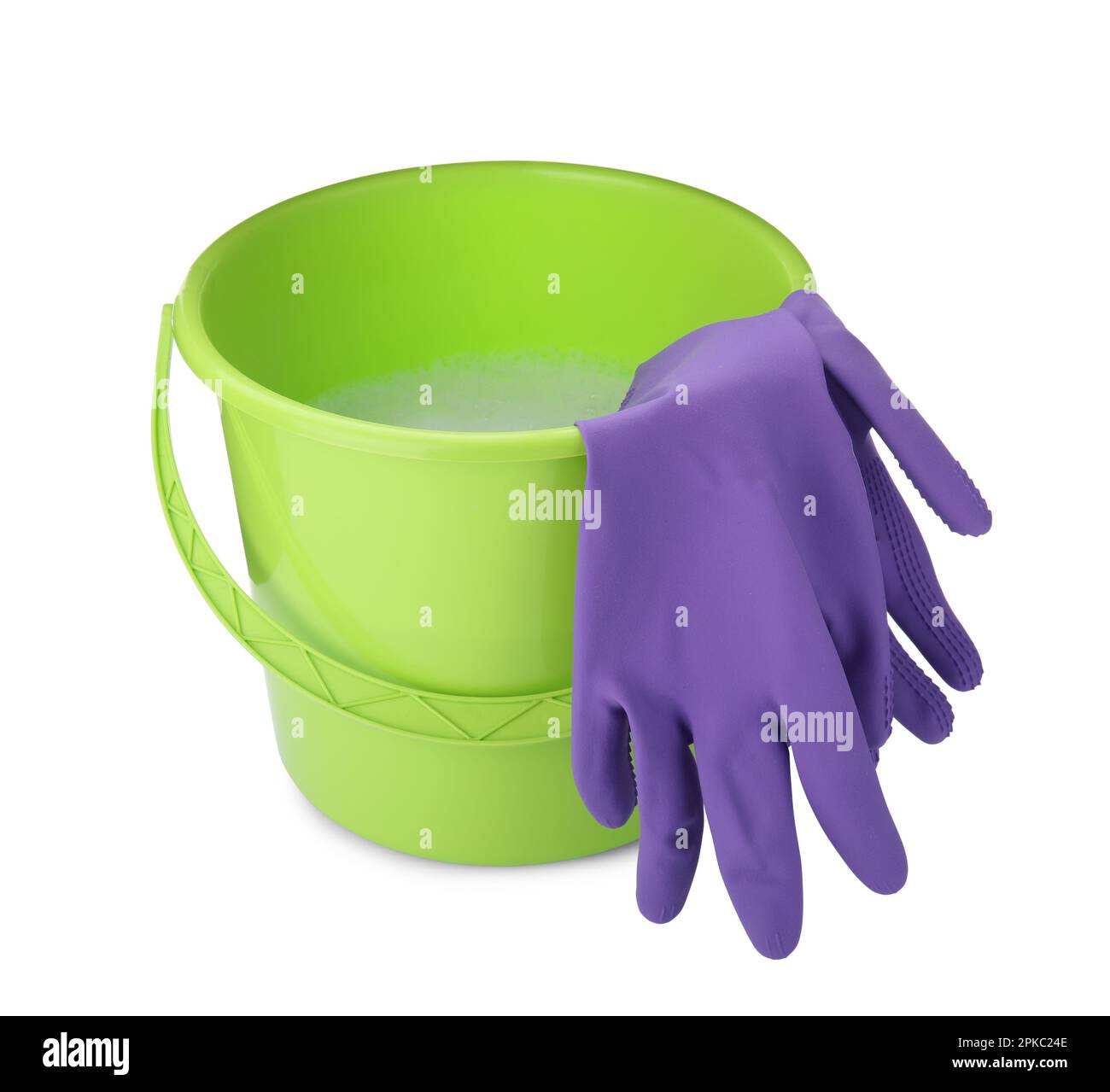 Green bucket with detergent and gloves on white background Stock Photo ...
