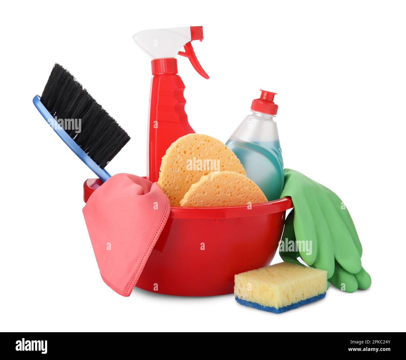 Red basin with cleaning supplies and tools on white background Stock ...