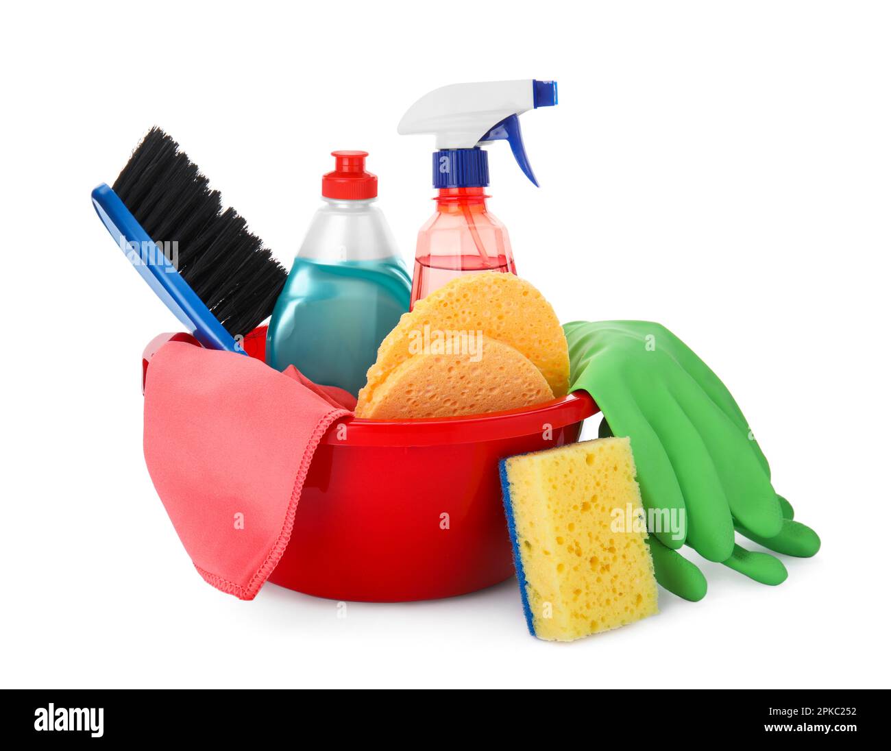 Red basin with cleaning supplies and tools on white background Stock ...