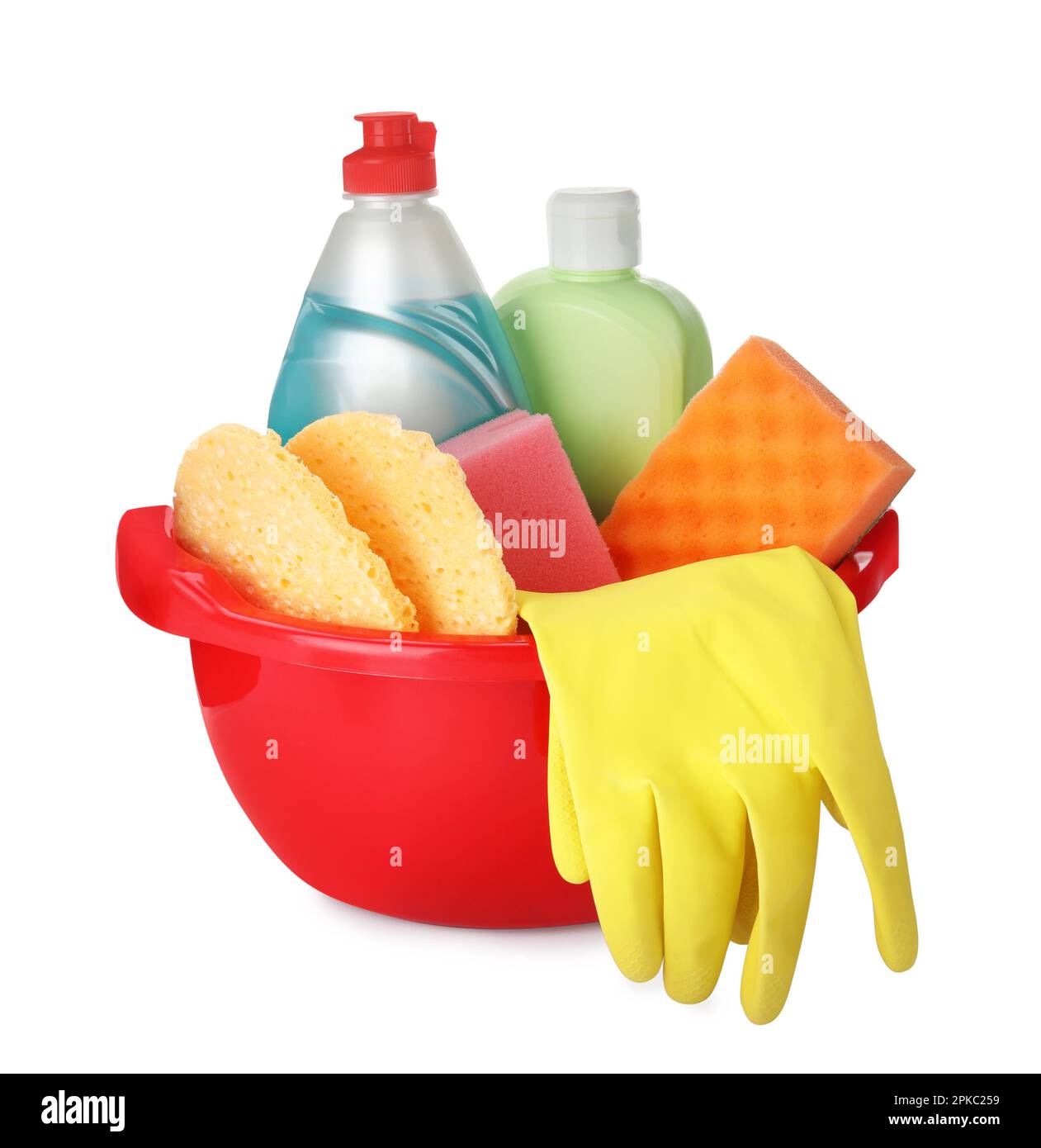 Red basin with cleaning supplies and tools on white background Stock ...