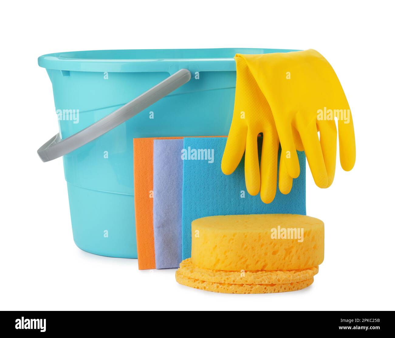 Light blue plastic bucket and cleaning tools on white background Stock ...
