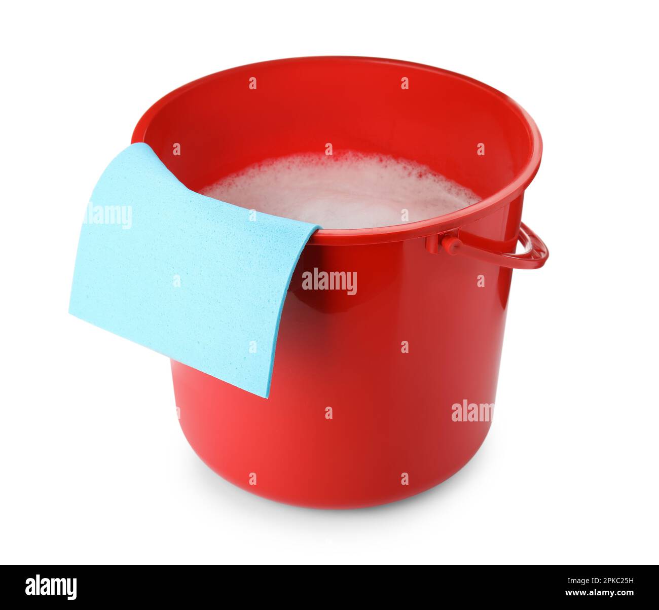 Red bucket with detergent and rag isolated on white Stock Photo - Alamy