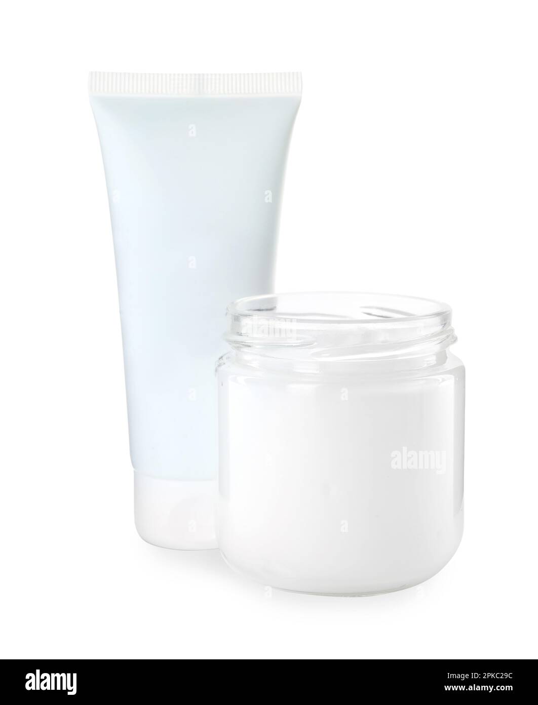 Jar and tube of hand cream on white background Stock Photo - Alamy