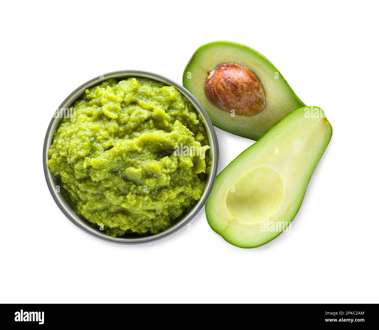 Delicious avocado puree and fresh fruit on white background, top view ...