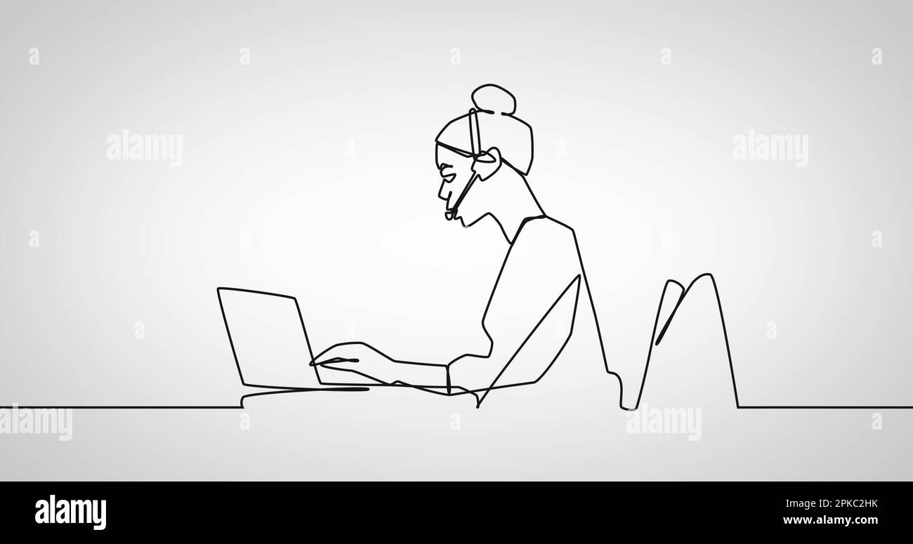 Image of drawing of businesswoman using phone headset on white ...