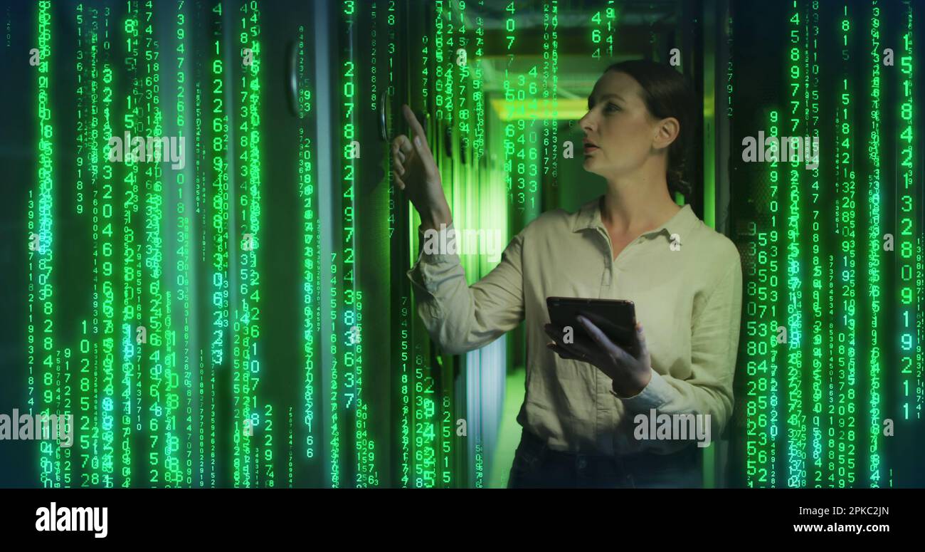 Image of binary coding over caucasian female worker in server room Stock Photo - Alamy