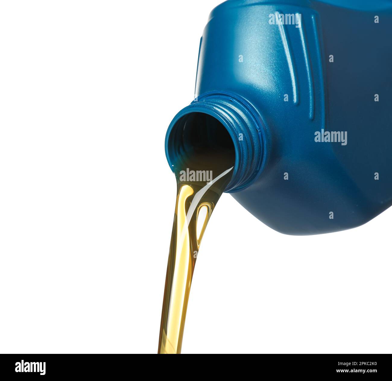 Pouring motor oil from blue container on white background, closeup ...