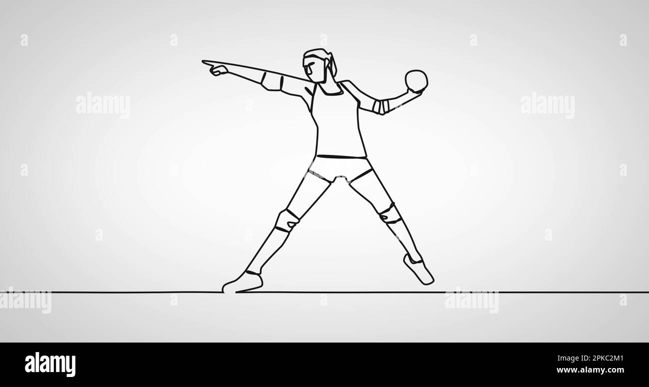 Image of drawing of female handball player with ball on white ...