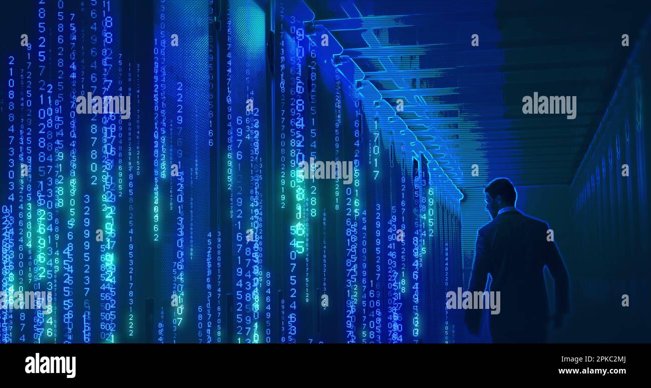 Image of binary coding over caucasian businessman in server room Stock Photo - Alamy