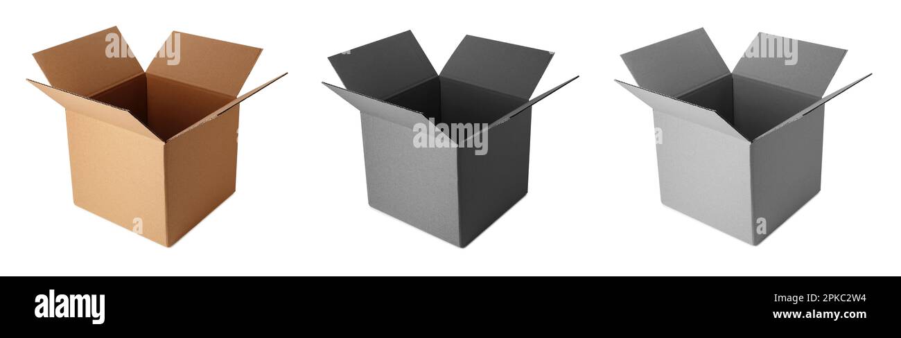 Set of open cardboard boxes on white background. Banner design Stock ...