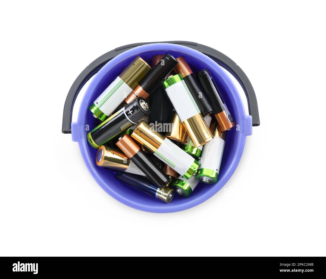 Used batteries in bucket on white background, top view Stock Photo - Alamy