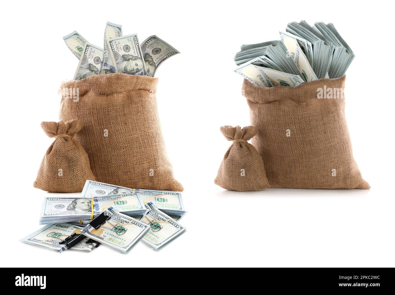 Burlap bags and dollar banknotes on white background Stock Photo - Alamy