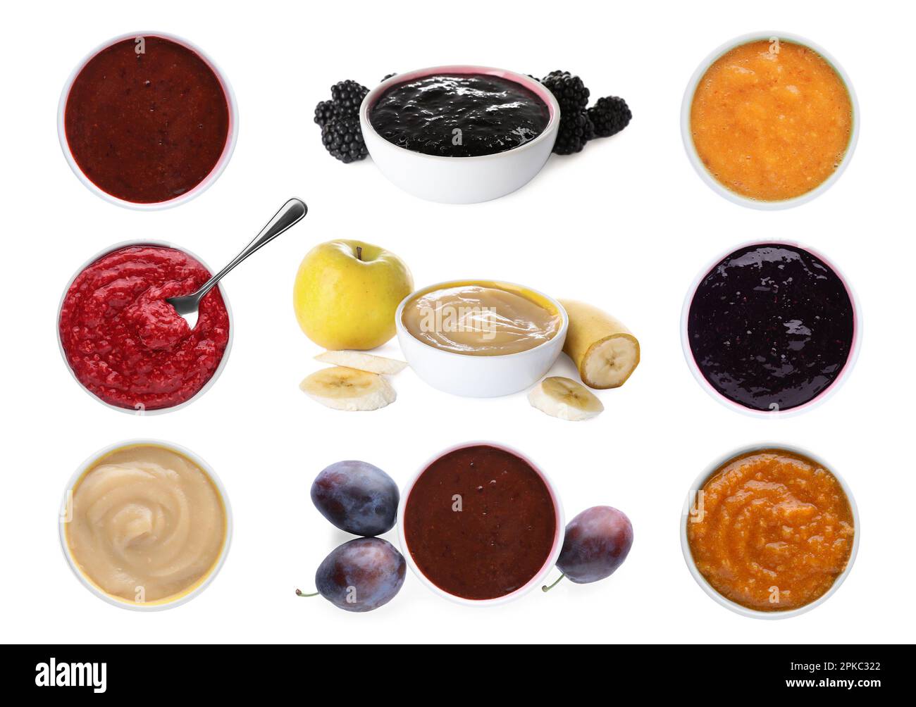 Set with different tasty fruit puree on white background Stock Photo ...