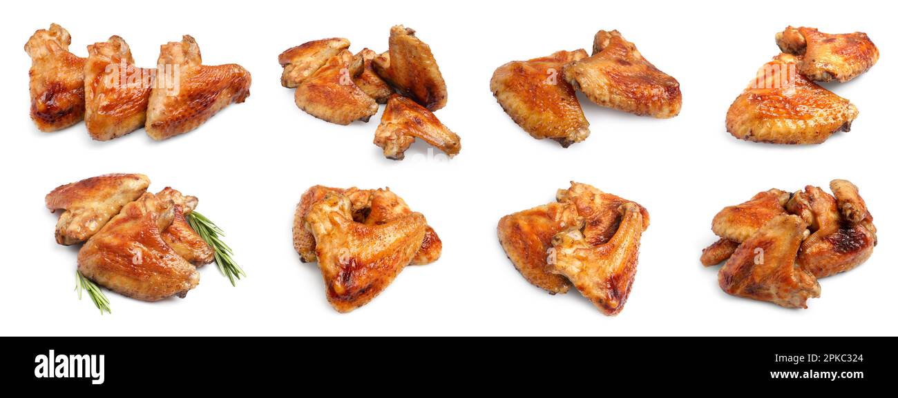Set with tasty roasted chicken wings on white background. Banner design ...