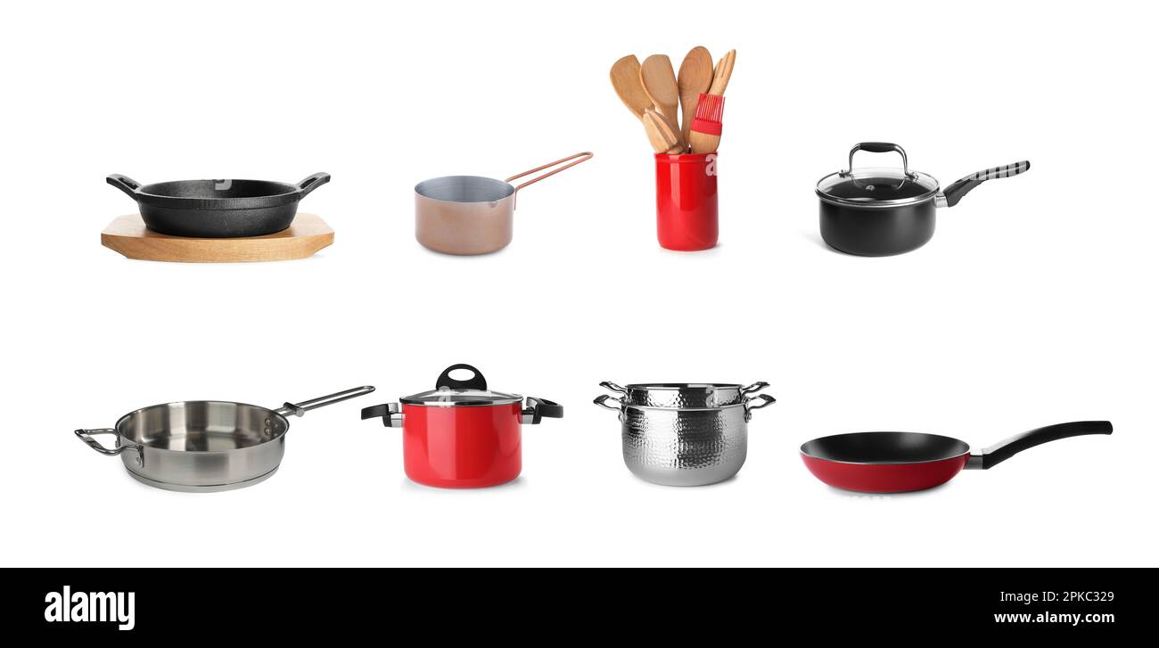 Set with pans, cookware and kitchen utensils on white background ...