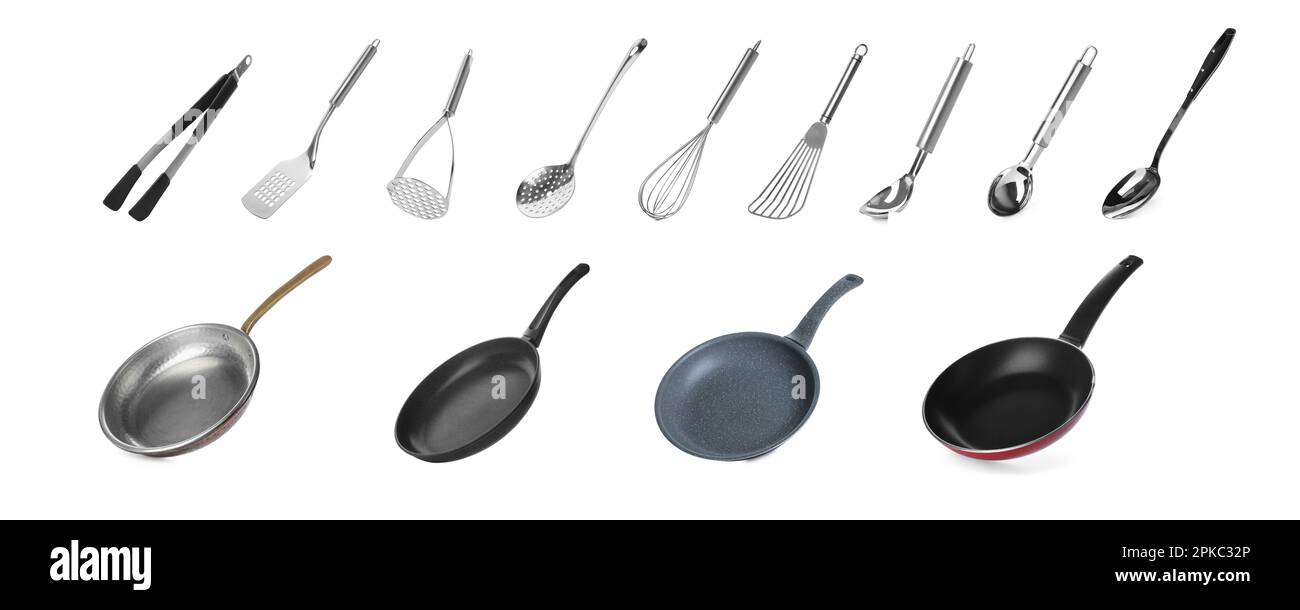 Set with pans and kitchen utensils on white background. Banner design ...