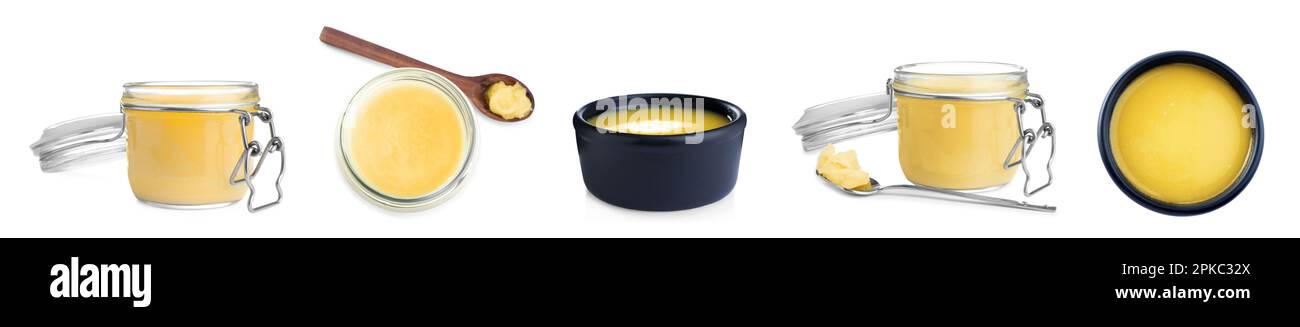 Set with tasty ghee butter on white background. Banner design Stock ...